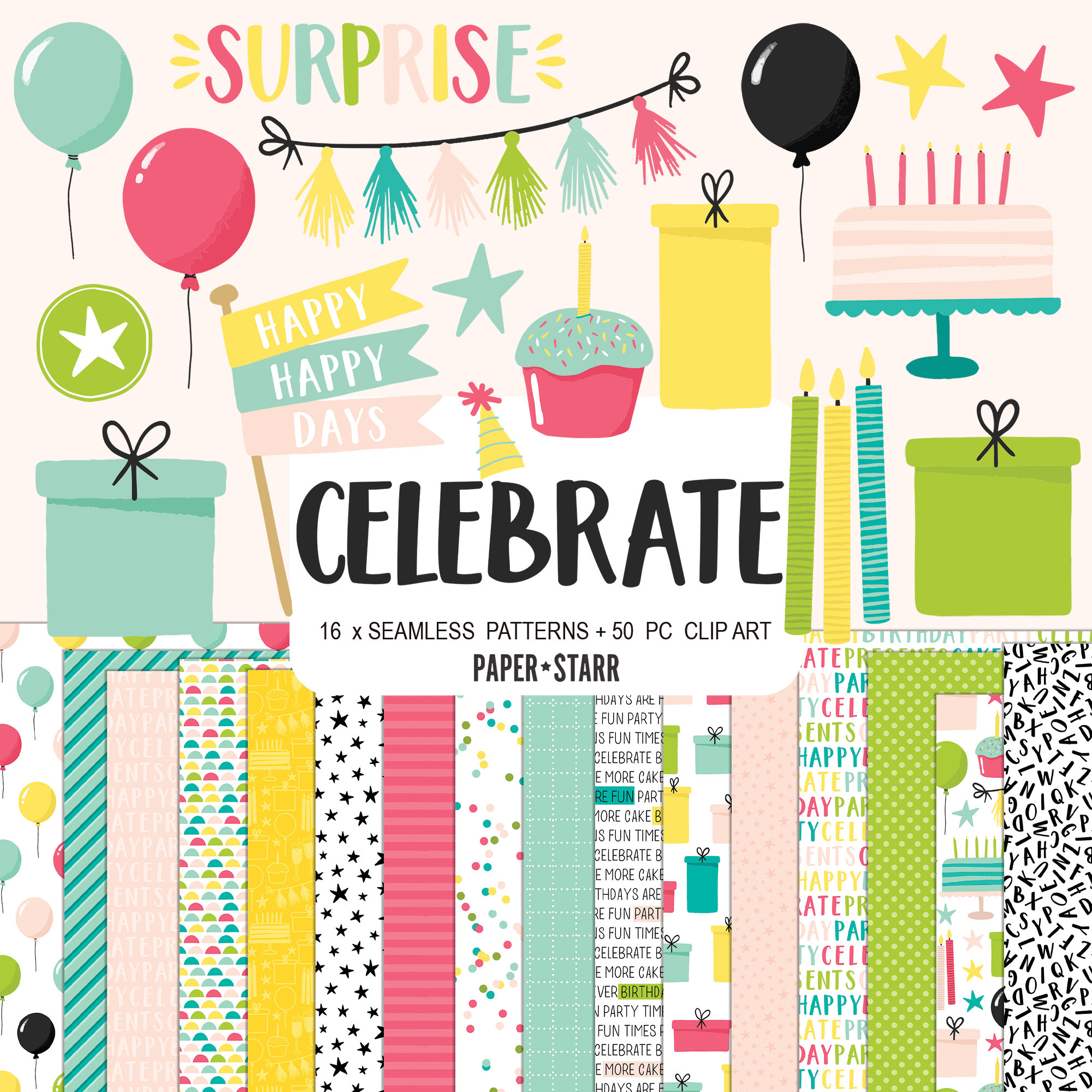 Birthday Digital Paper and Birthday Clipart Set, Party Invitation ...