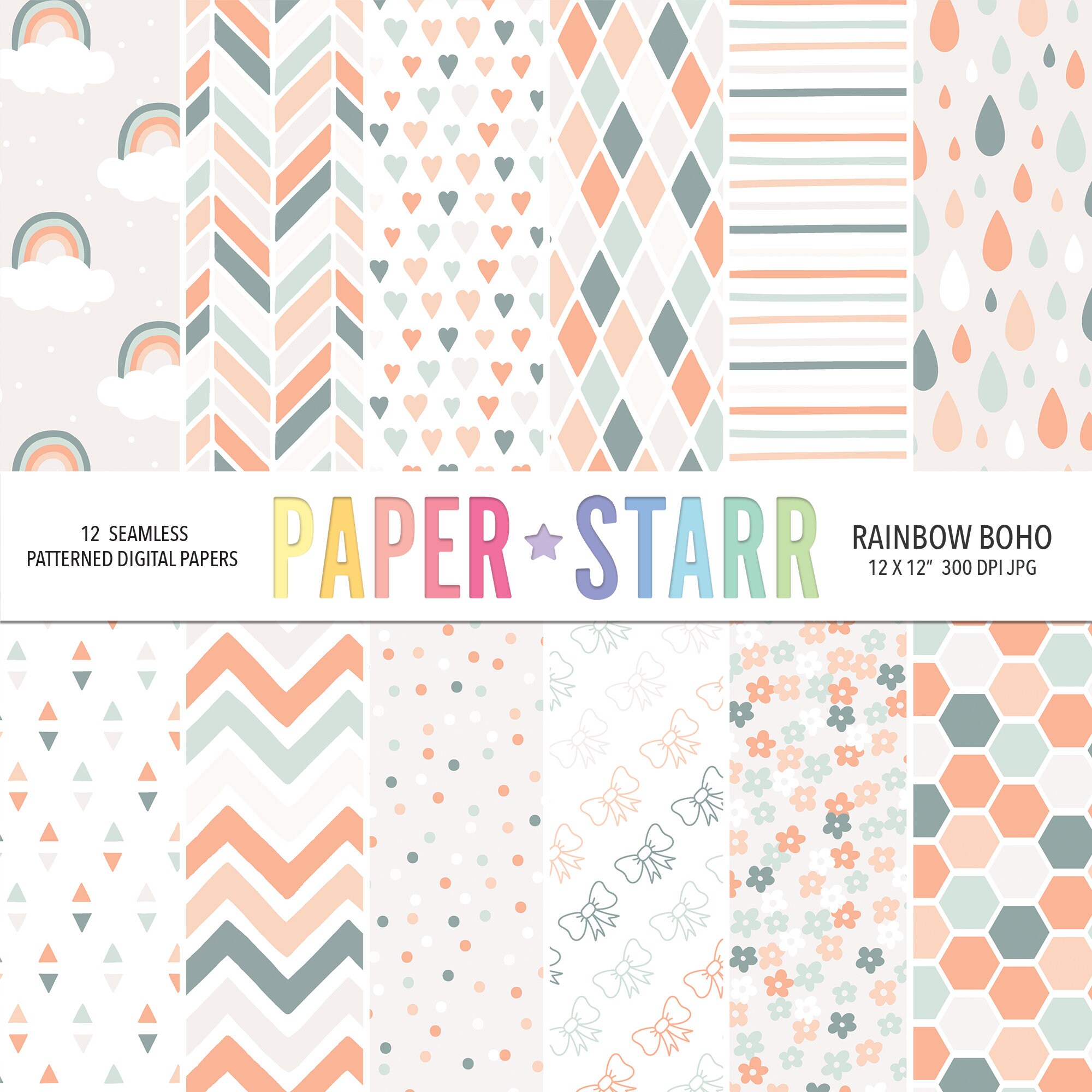 Boho Digital Paper, Boho Rainbow Patterns, Geometric Digital Paper ...