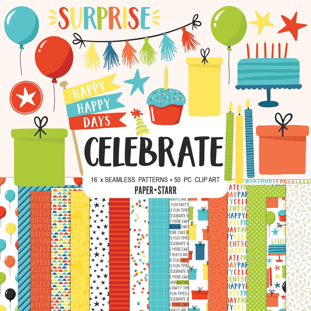 Birthday Digital Paper and Birthday Clipart Set, Party Invitation ...