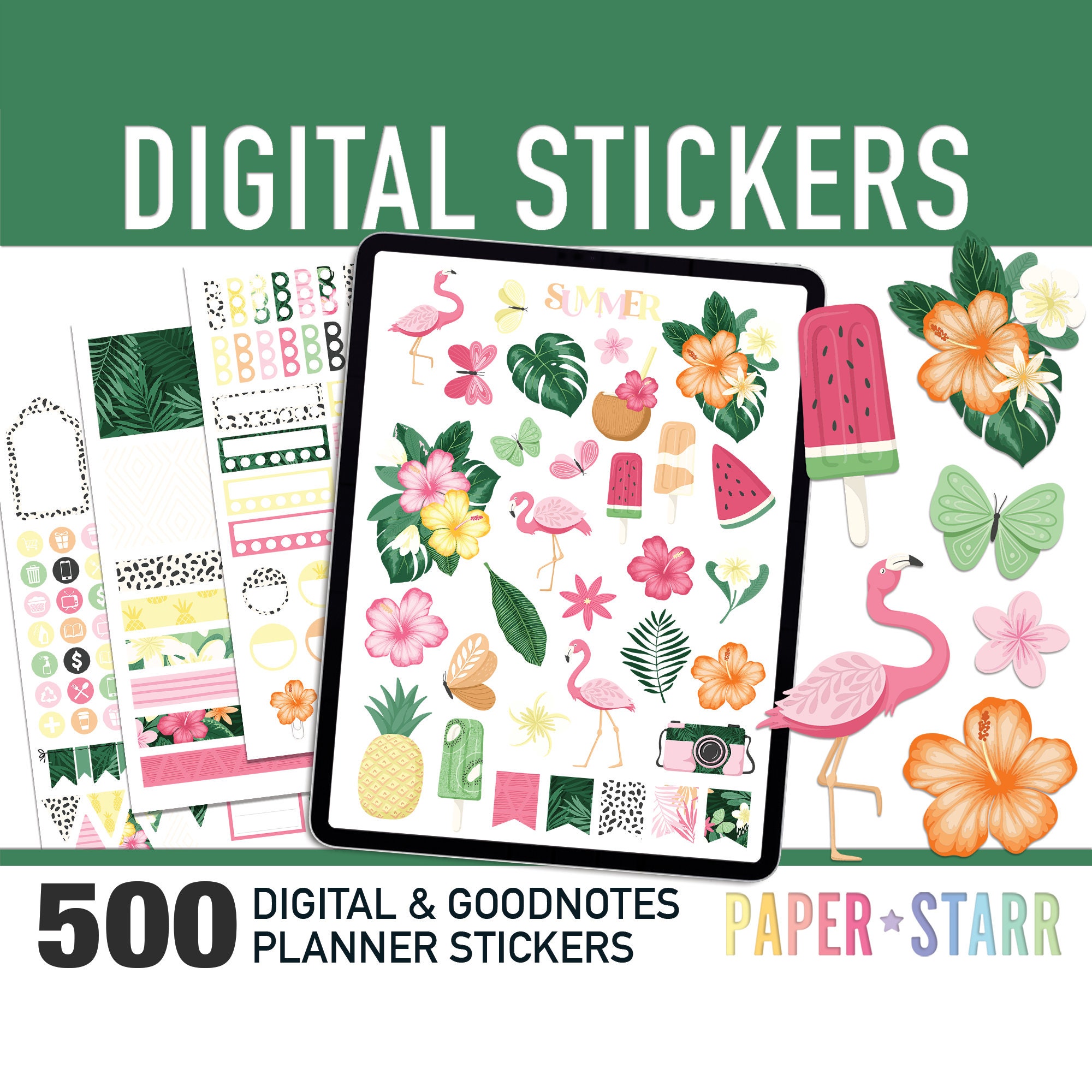 500 Summer Tropical Digital Planner Stickers for Goodnotes & Other ...