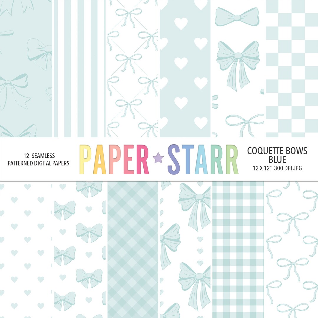 Blue Bow Digital Paper, Coquette Digital Paper, Ribbon Bow Pattern ...