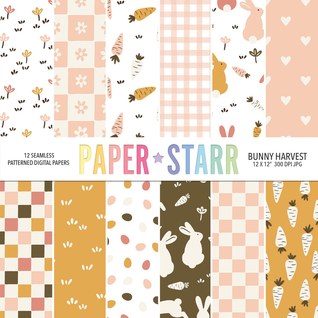 Easter Digital Paper, Bunny Seamless Pattern, Retro Spring, Carrot ...