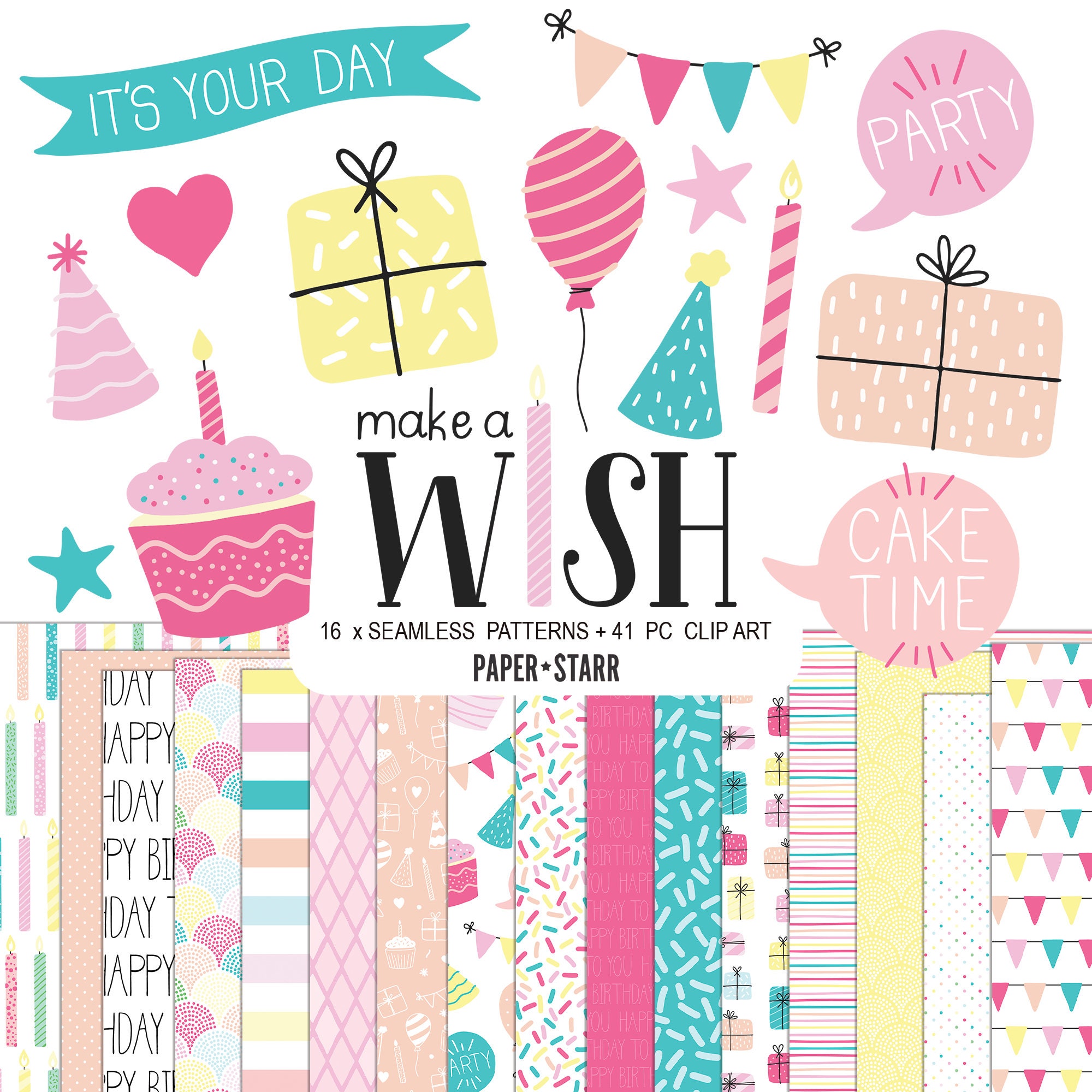 Birthday Digital Paper and Birthday Clipart Set, Party Invitation ...