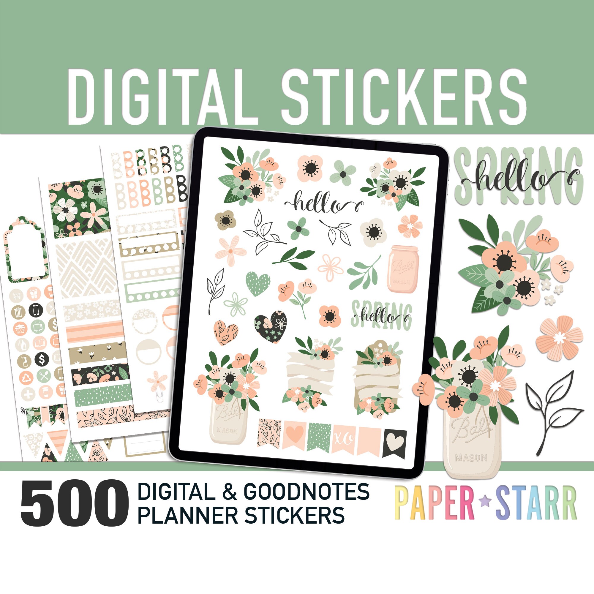 500 Spring Floral Digital Planner Stickers for Goodnotes & Other ...