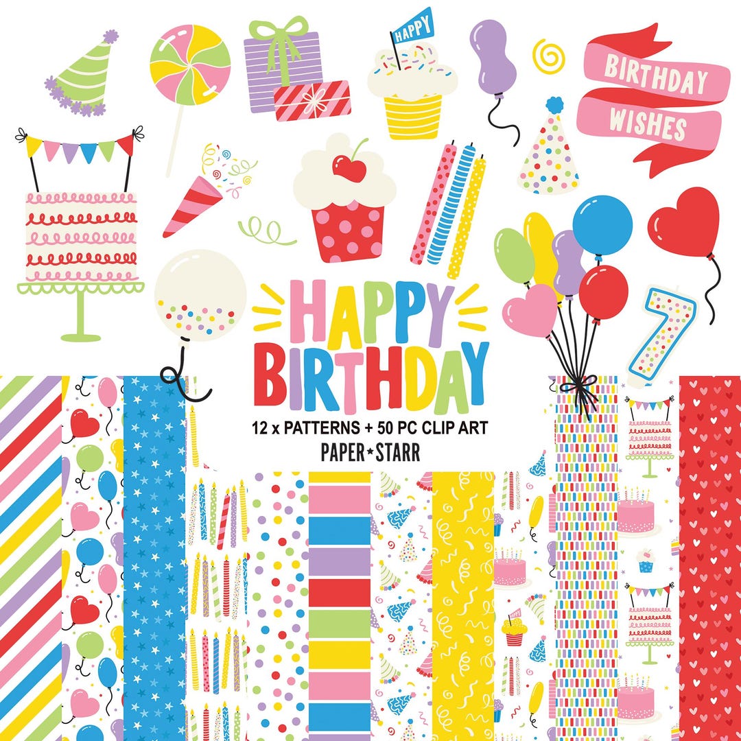 Birthday Digital Paper and Birthday Clipart Set, Party Invitation ...