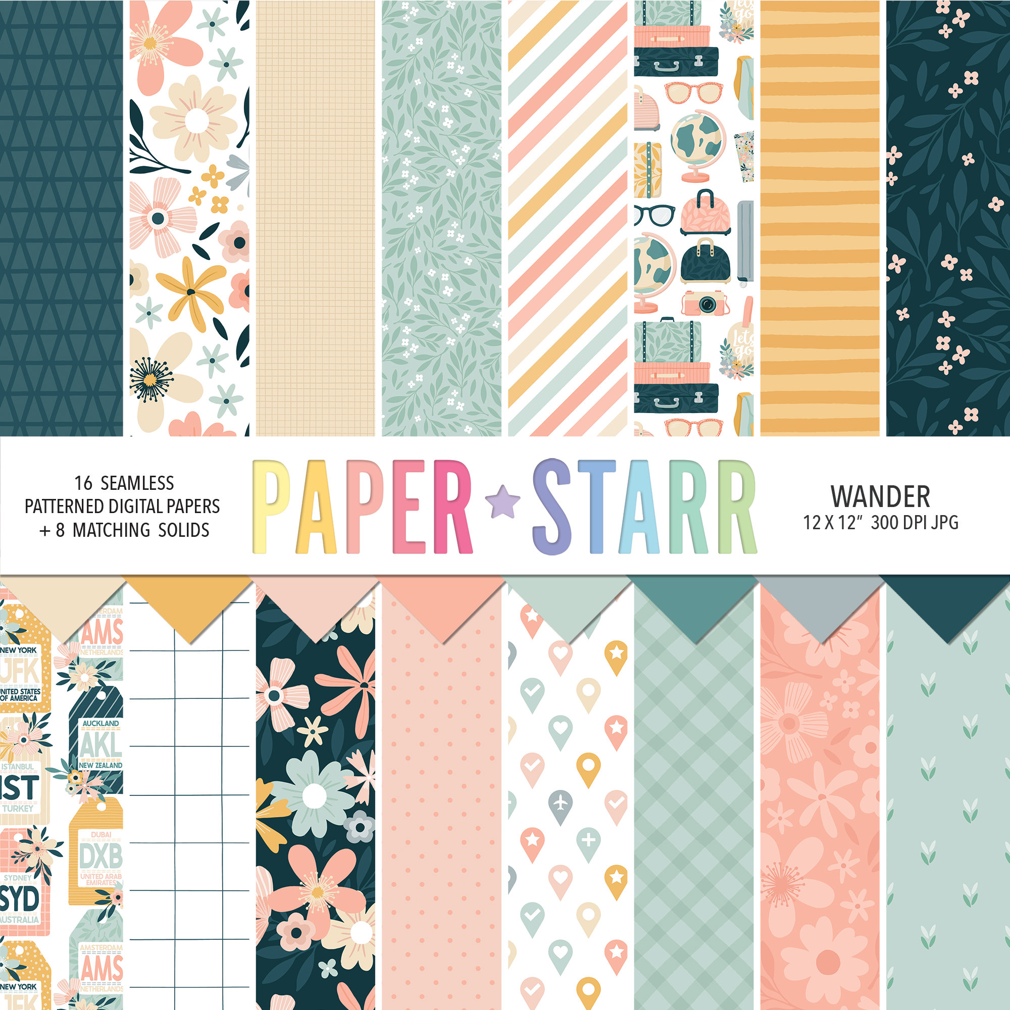 Travel Digital Paper, Spring Floral Digital Paper, Vacation Patterns ...