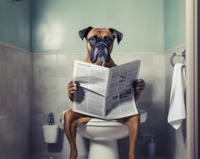 Boxer, Reading Newspaper, Toilet, Bathroom, Dog, Cute, Funny, Wall ...