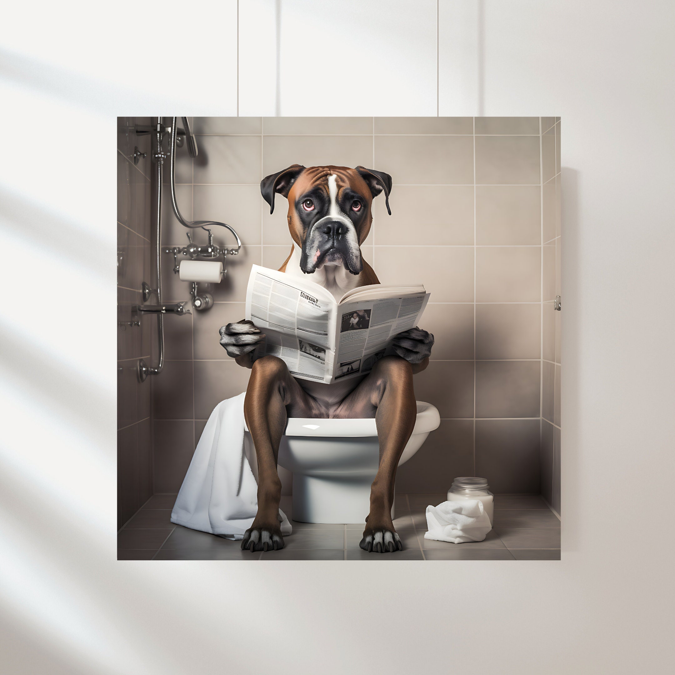 4 Boxer, Boxer Dog Sitting on the Toilet and Reading the Newspaper, Fun ...