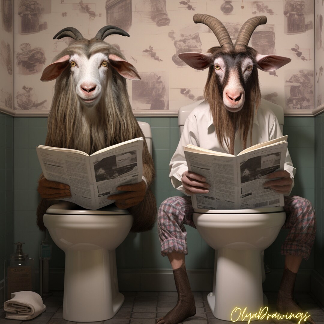 4 Goat Sitting on the Toilet Reading A Newspaper, Funny Bathroom Photo ...
