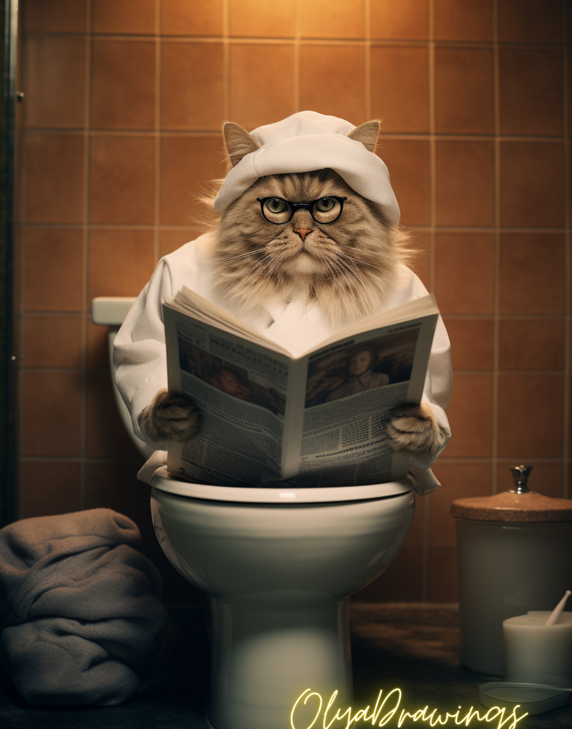 3 Cat Sitting on the Toilet Reading a Newspaper, Funny Bathroom Decor ...