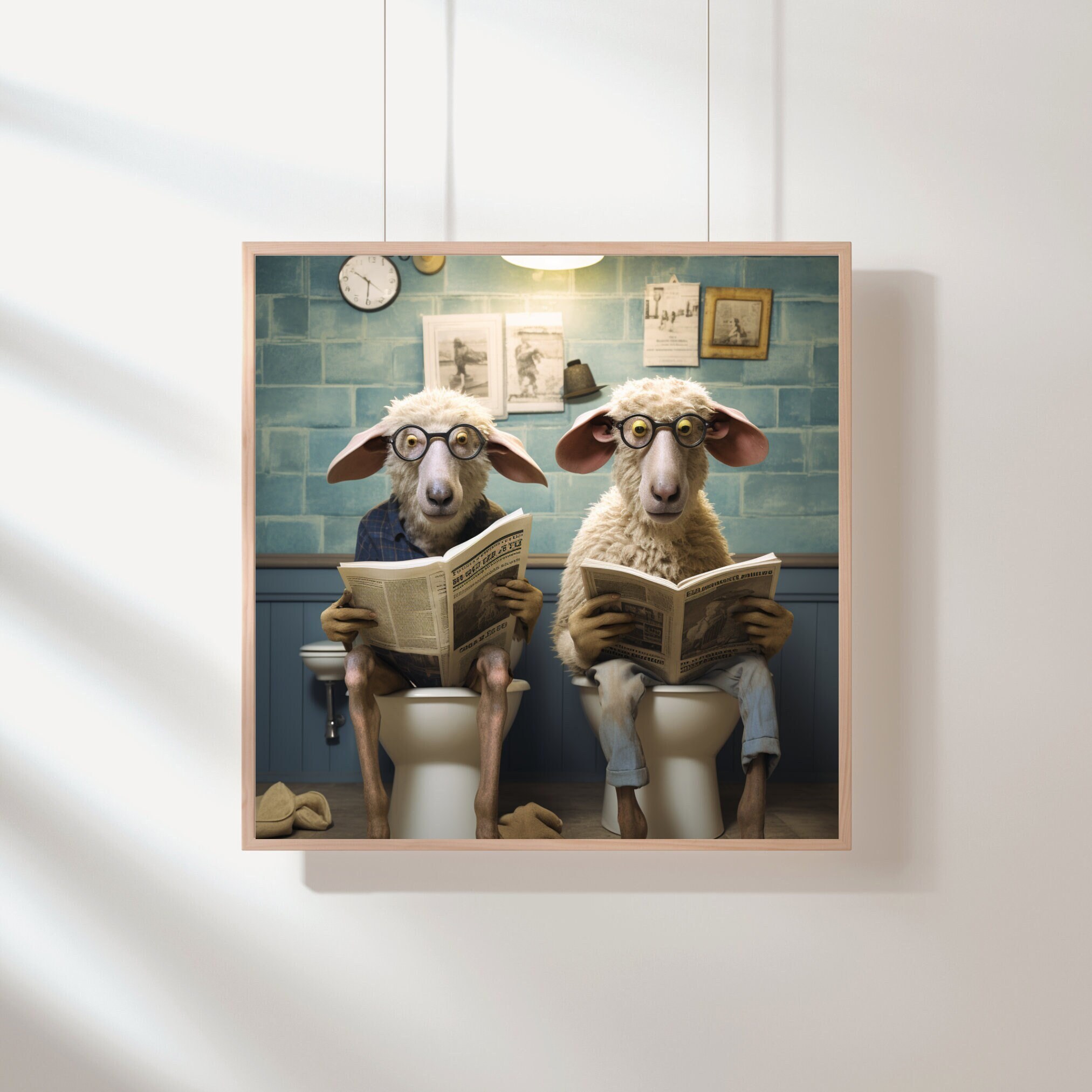 Sheep Sitting on the Toilet Reading Newspaper, Funny Bathroom Wall ...