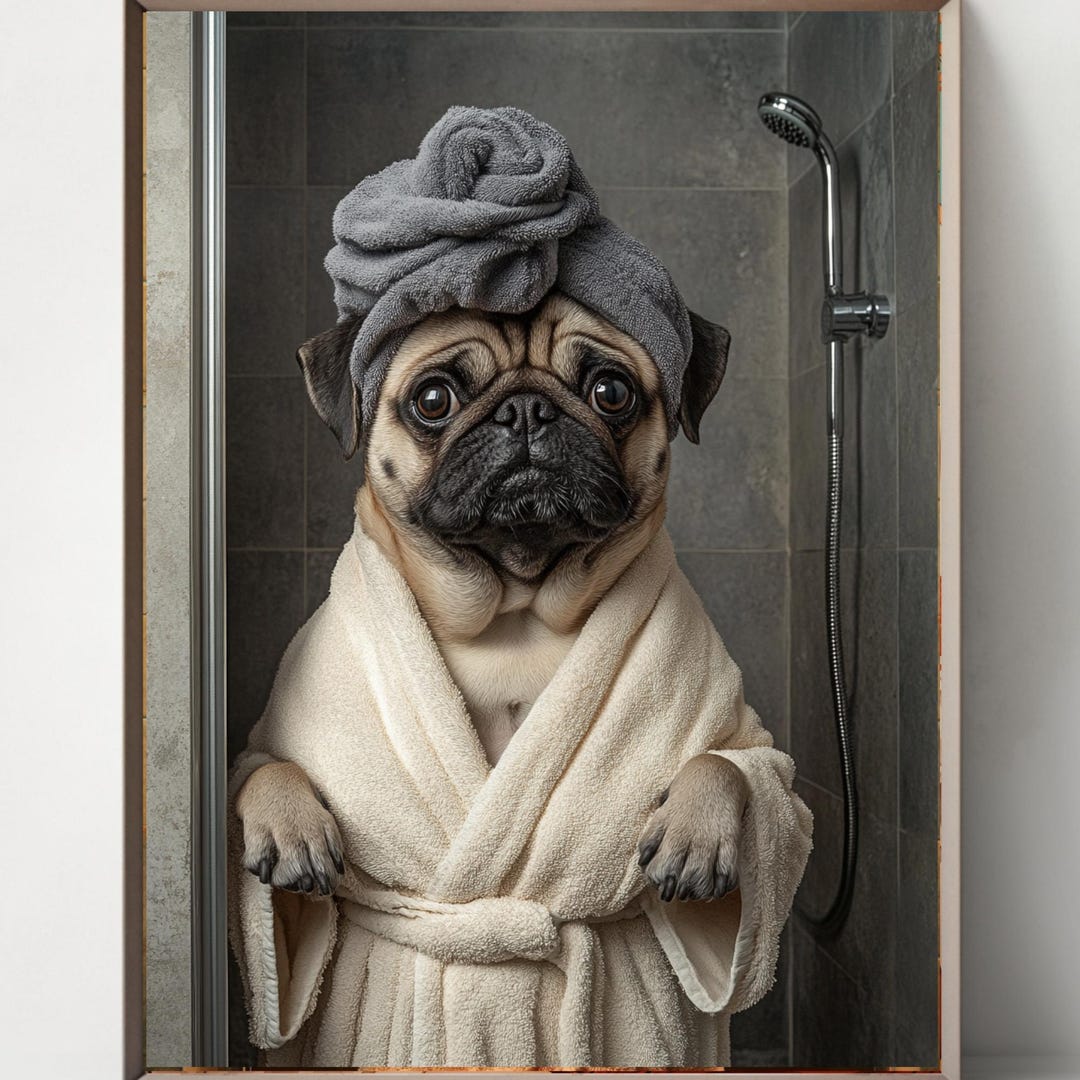 Pug Set of 5 in the Shower, Fun Bathroom Wall Decor, Fun and Quirky ...