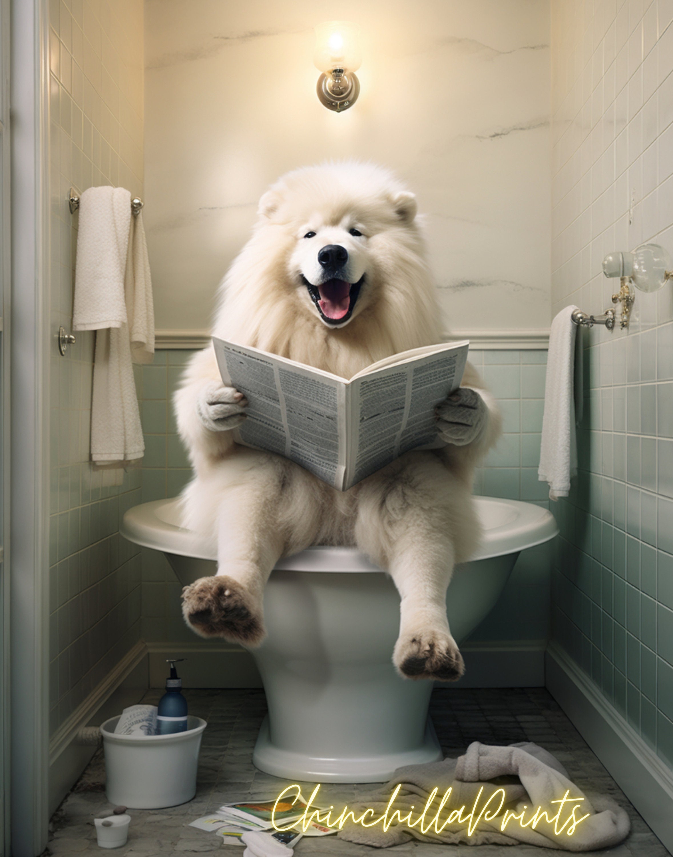 Samoyed, Samoyed Sitting on the Toilet and Reading a Newspaper, Fun ...