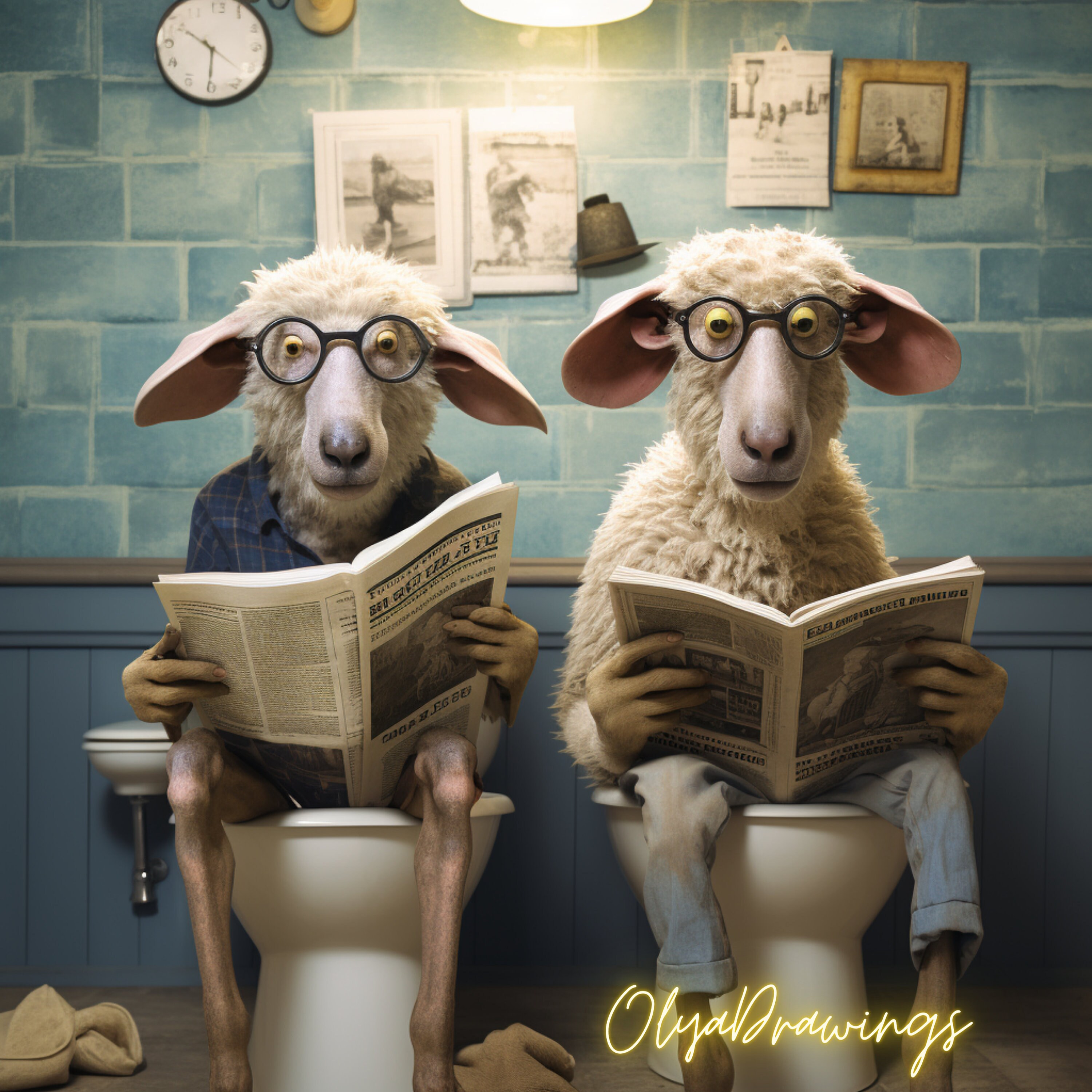 Sheep Sitting on the Toilet Reading Newspaper, Funny Bathroom Wall ...