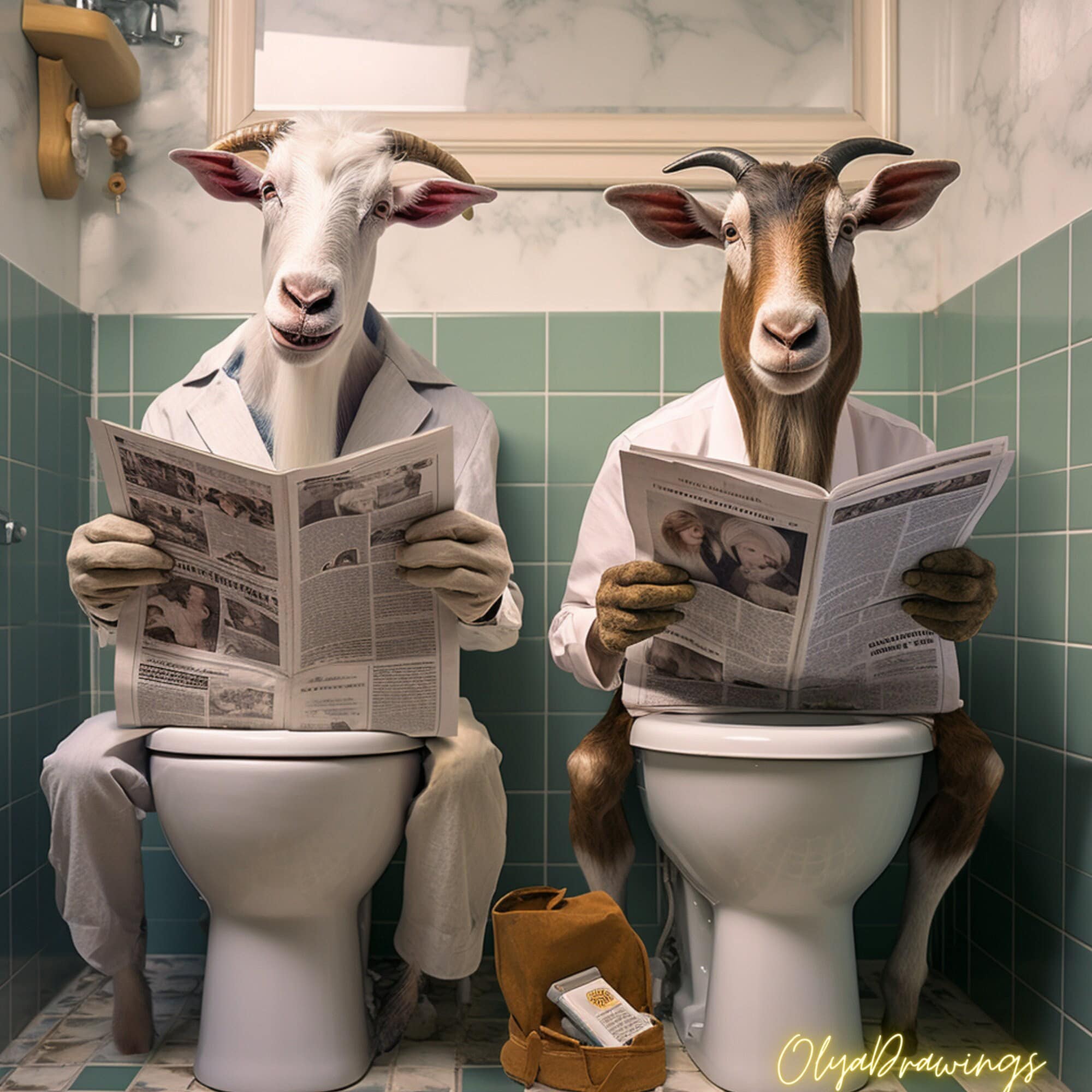 4 Goat Sitting on the Toilet Reading A Newspaper, Funny Bathroom Photo ...