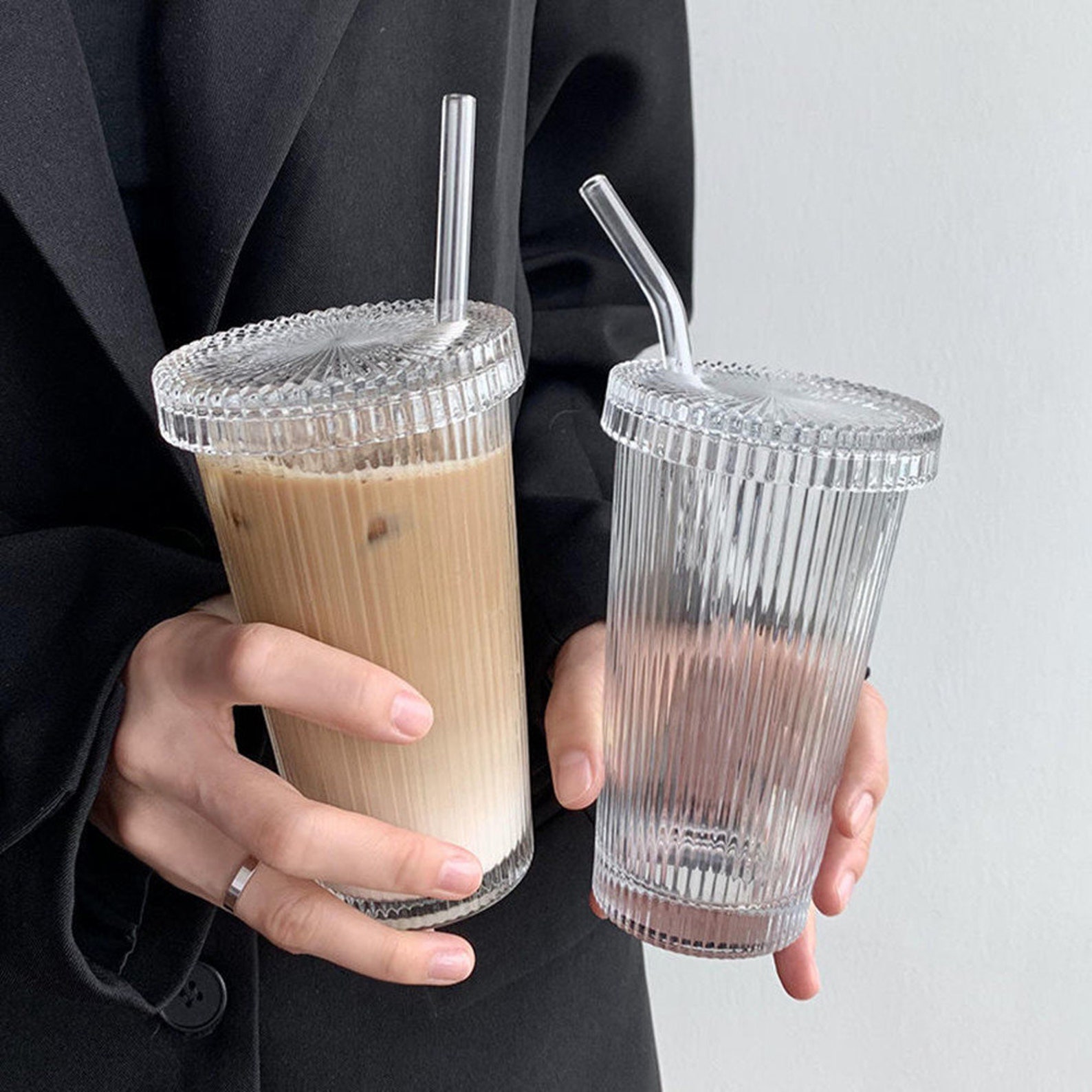 Ribbed Glass With Straw And Lid Glassware Ice Coffee Glass Etsy