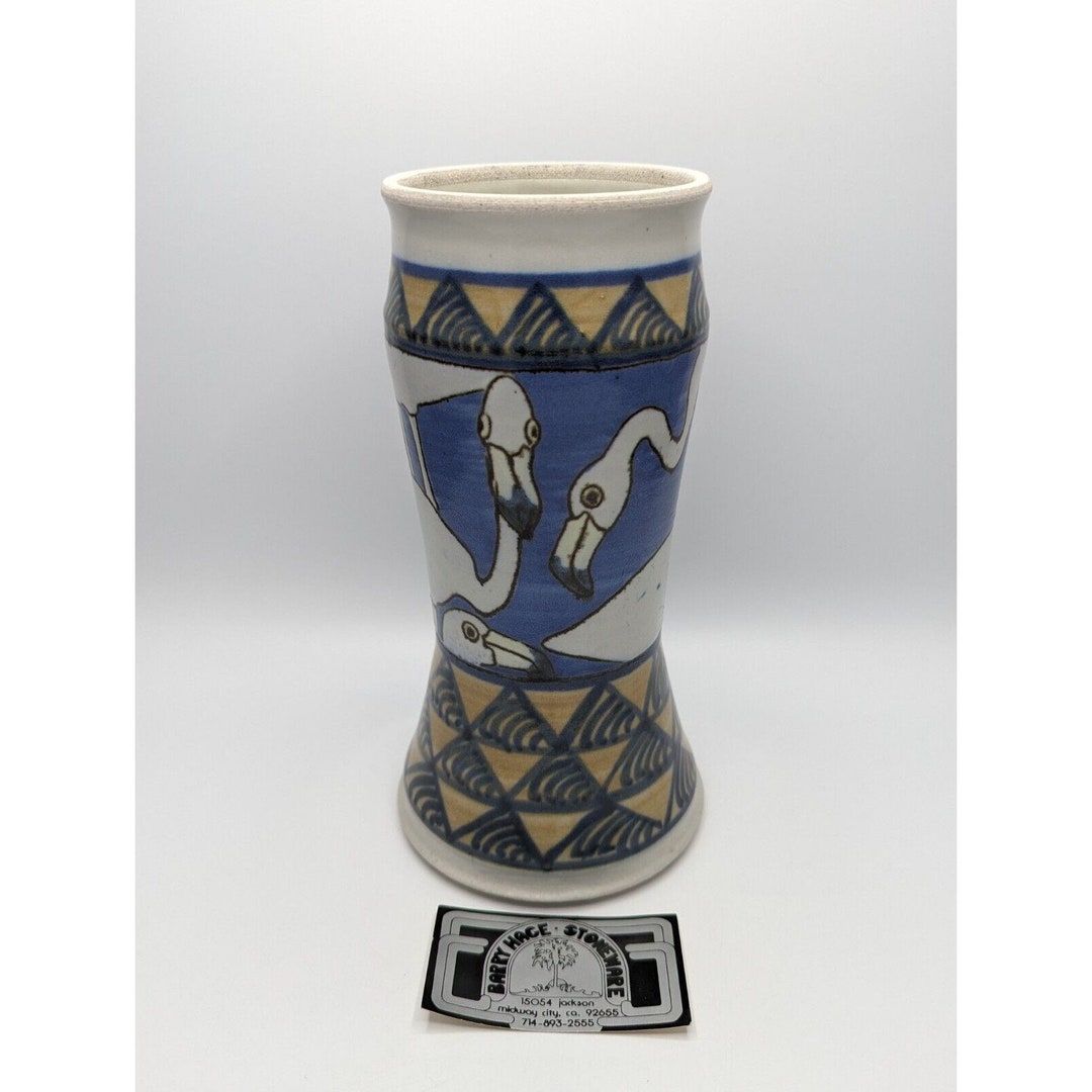 Barry Hage Blue Beige Flamingo Jar Vase Stoneware Studio Art Pottery ...