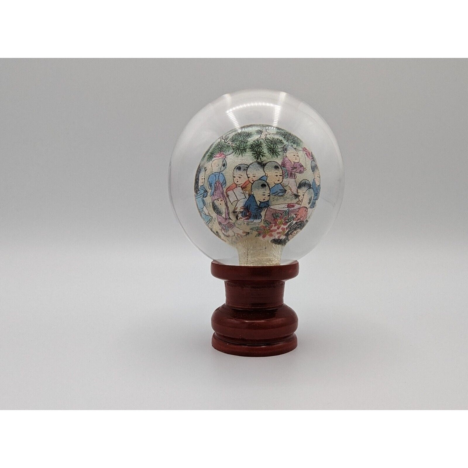 Chinese Reverse Hand Painted Glass Globe Sphere Paperweight on Wooden ...