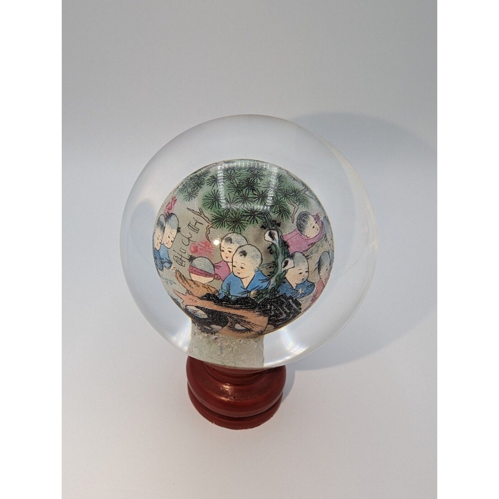 Chinese Reverse Hand Painted Glass Globe Sphere Paperweight on Wooden ...