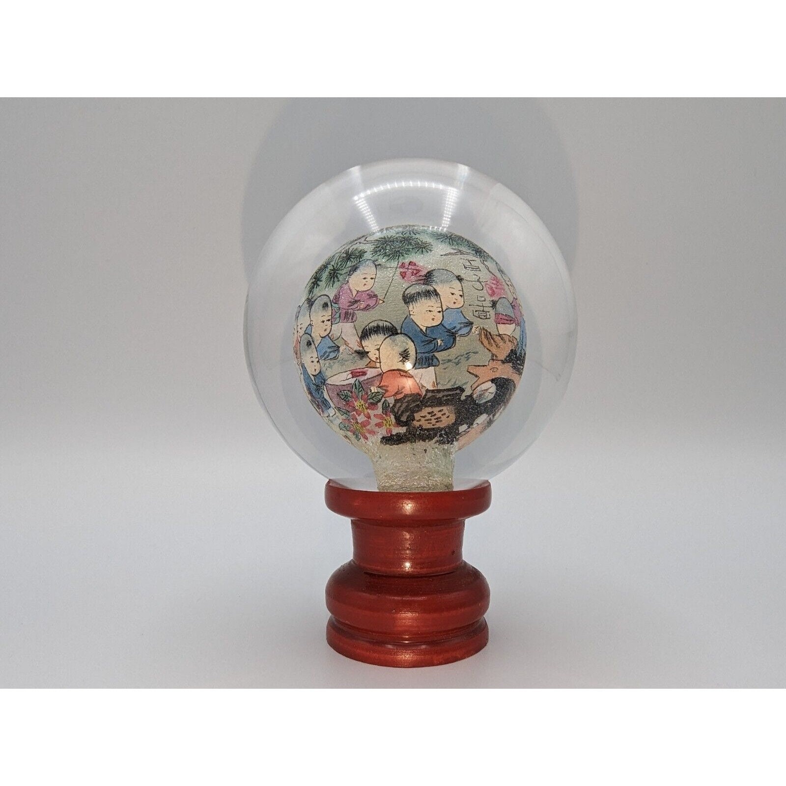 Chinese Reverse Hand Painted Glass Globe Sphere Paperweight on Wooden ...