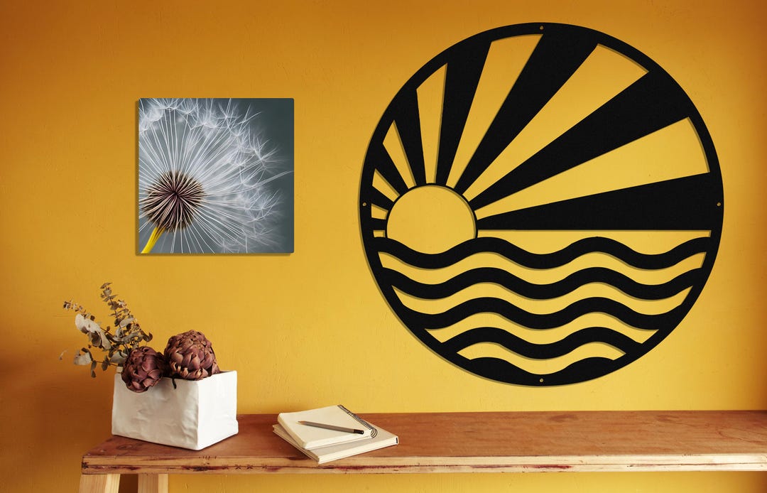 Sun and Sea Metal Wall Art, Laser Cut Metal Ocean Scene Sign, Mid ...