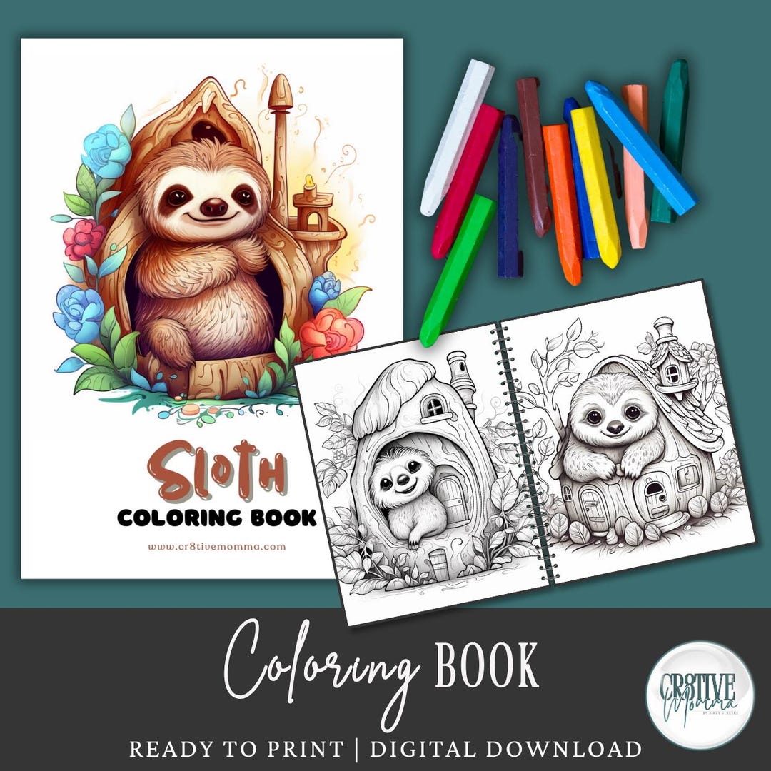 Sloth in a Forest House Coloring Book A4 Download 20 Pre-shaded & Pre ...