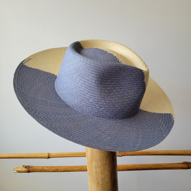 Genuine Hand Woven Panama Hat, Two Tone (light Steel Blue/natural), Teardrop Straw Hat - Etsy