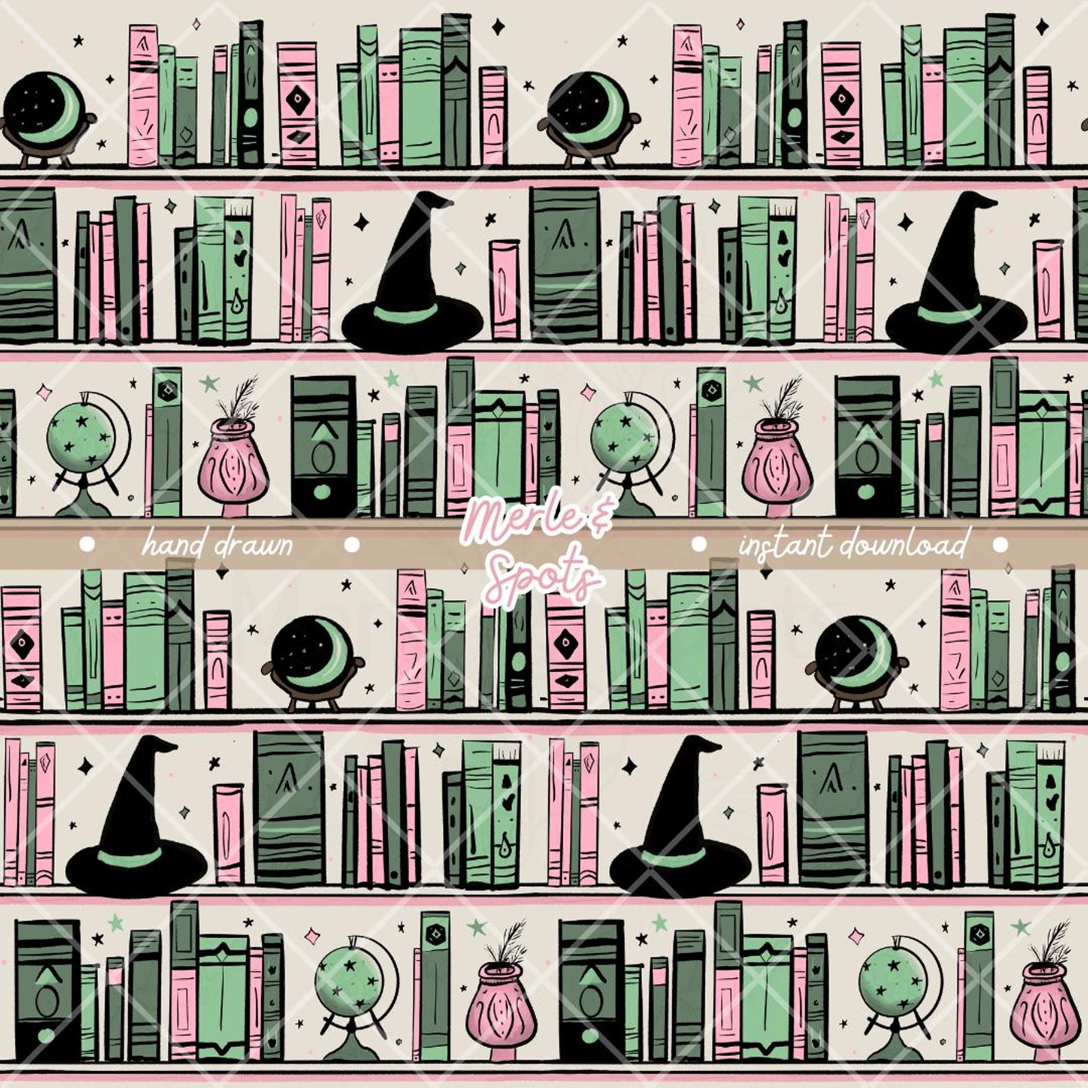 Wicked Witch Bookshelf Seamless Pattern: Halloween PNG (digital ...