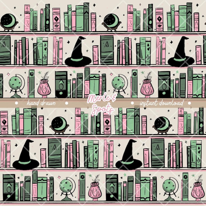 Wicked Witch Bookshelf Seamless Pattern: Halloween PNG (digital ...