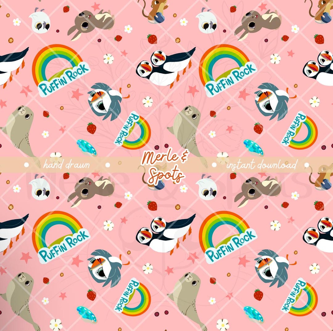 Pink Puffin Rock Seamless Pattern: Fabric & Surface Design (digital ...