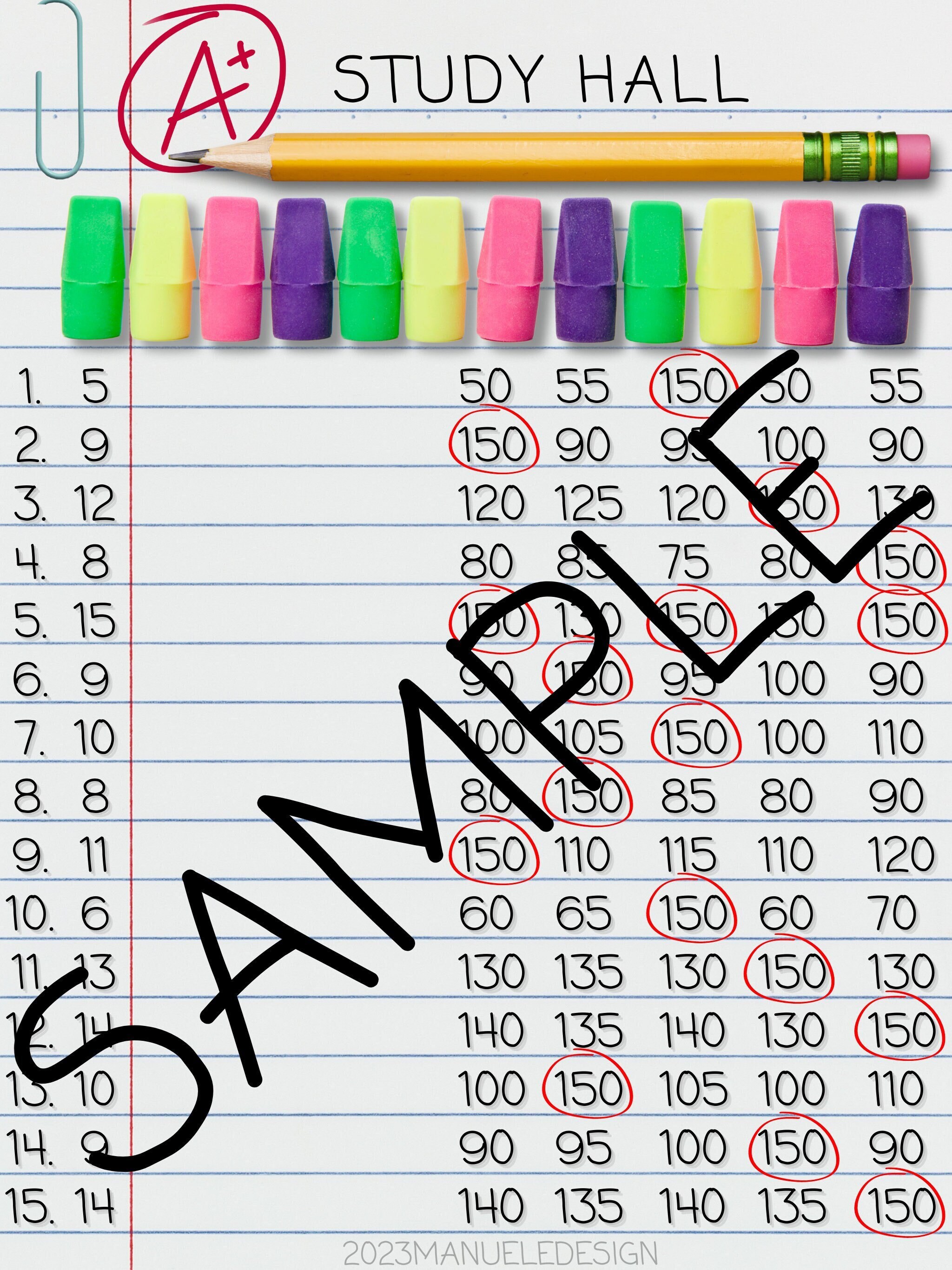 Study Hall Themed BNO Board 150 WTA in Each Row, 15 Line Bingo School ...