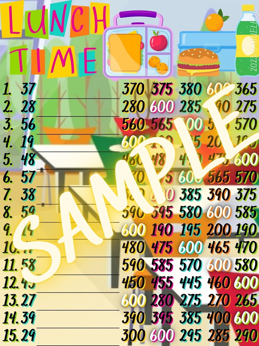 Lunch Time Themed BNO Board 600 WTA in Each Row, 15 Line Bingo School ...