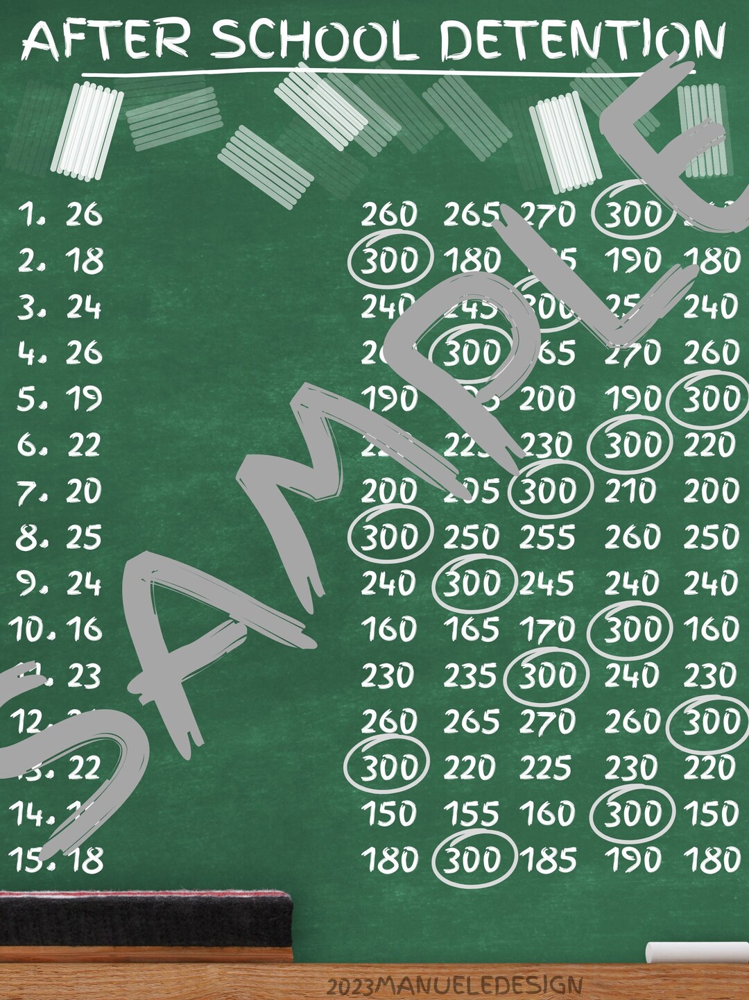 School Detention Themed BNO Board 300 WTA in Each Row, 15 Line Bingo ...