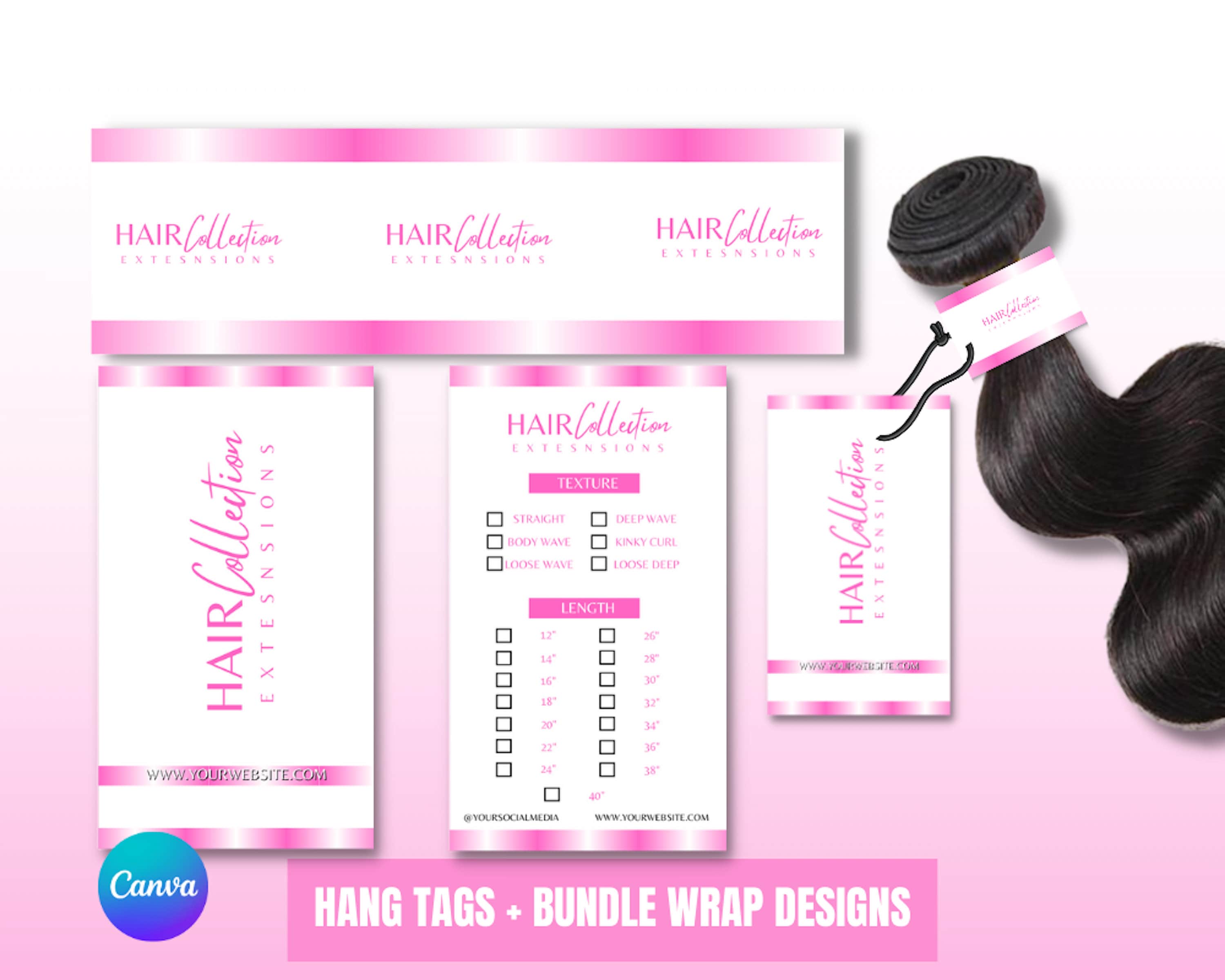 Pink Hang Tags, Bundle Wrap, Hair Packaging, Hair Tags, Canva Design ...