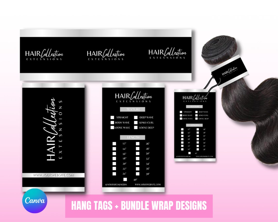 Silver Hang Tags, Bundle Wrap, Hair Packaging, Hair Tags, Canva Design ...