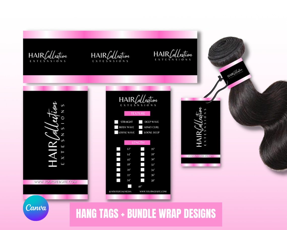 Pink Hang Tags, Bundle Wrap, Hair Packaging, Hair Tags, Canva Design ...