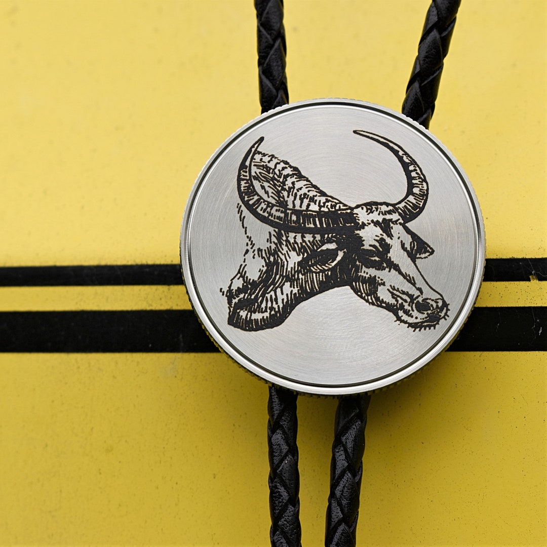 Water Buffalo Bolo Tie ~ Engraved Stainless Steel & Leather - Etsy