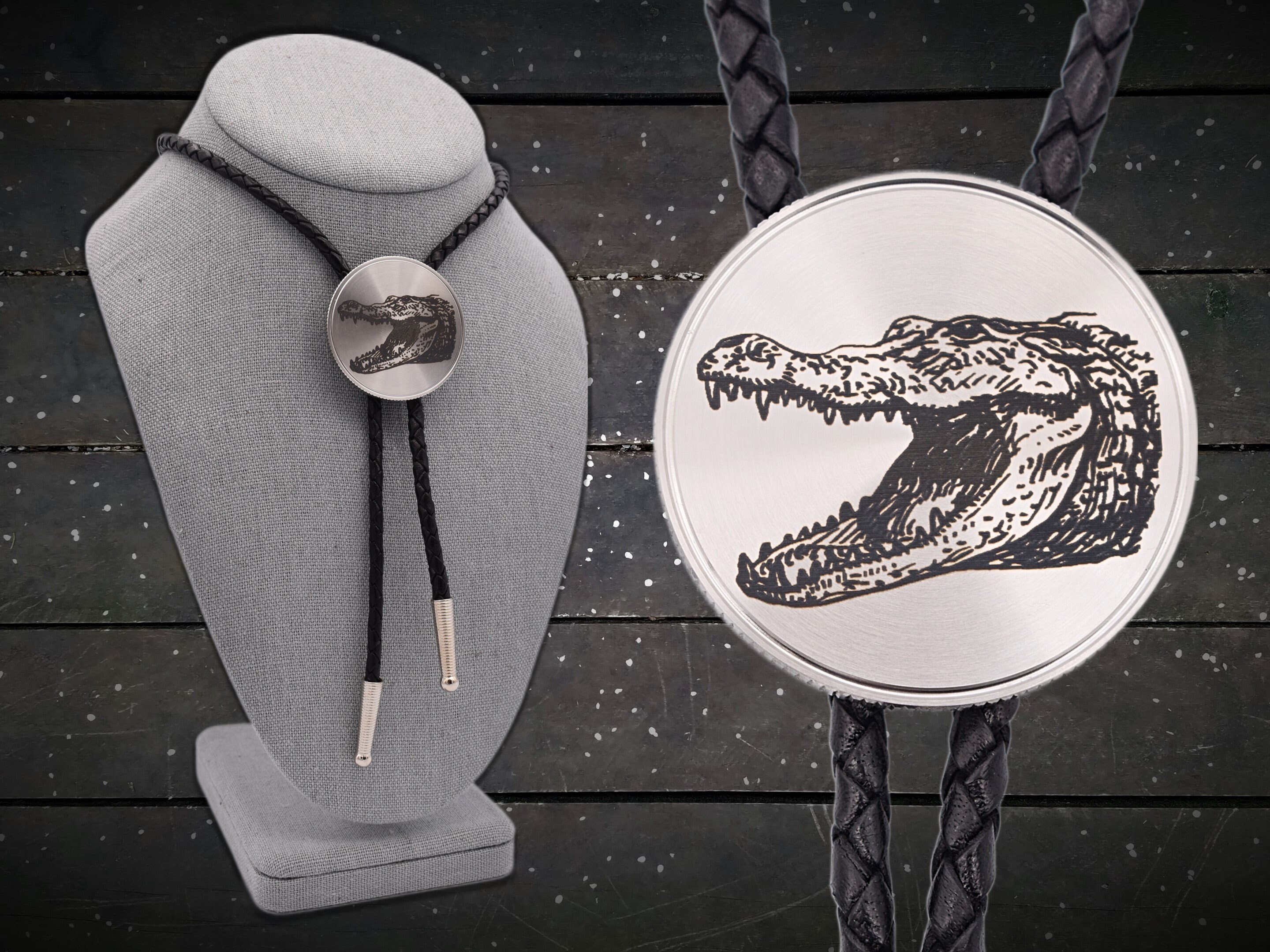 Alligator Bolo Tie ~ Engraved Stainless Steel & Leather - Etsy
