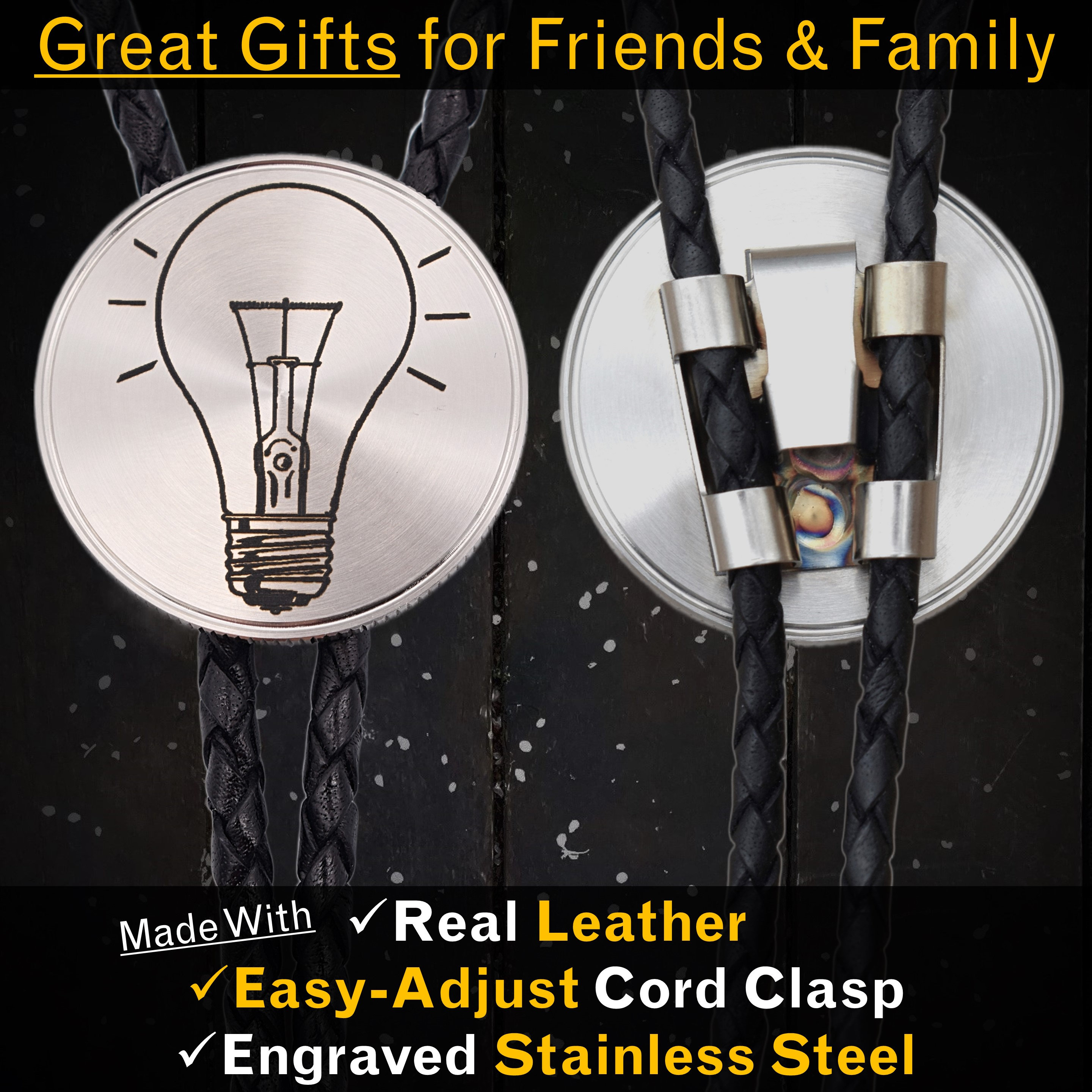 Light Bulb Bolo Tie | Engraved Stainless Steel | Leather - Etsy