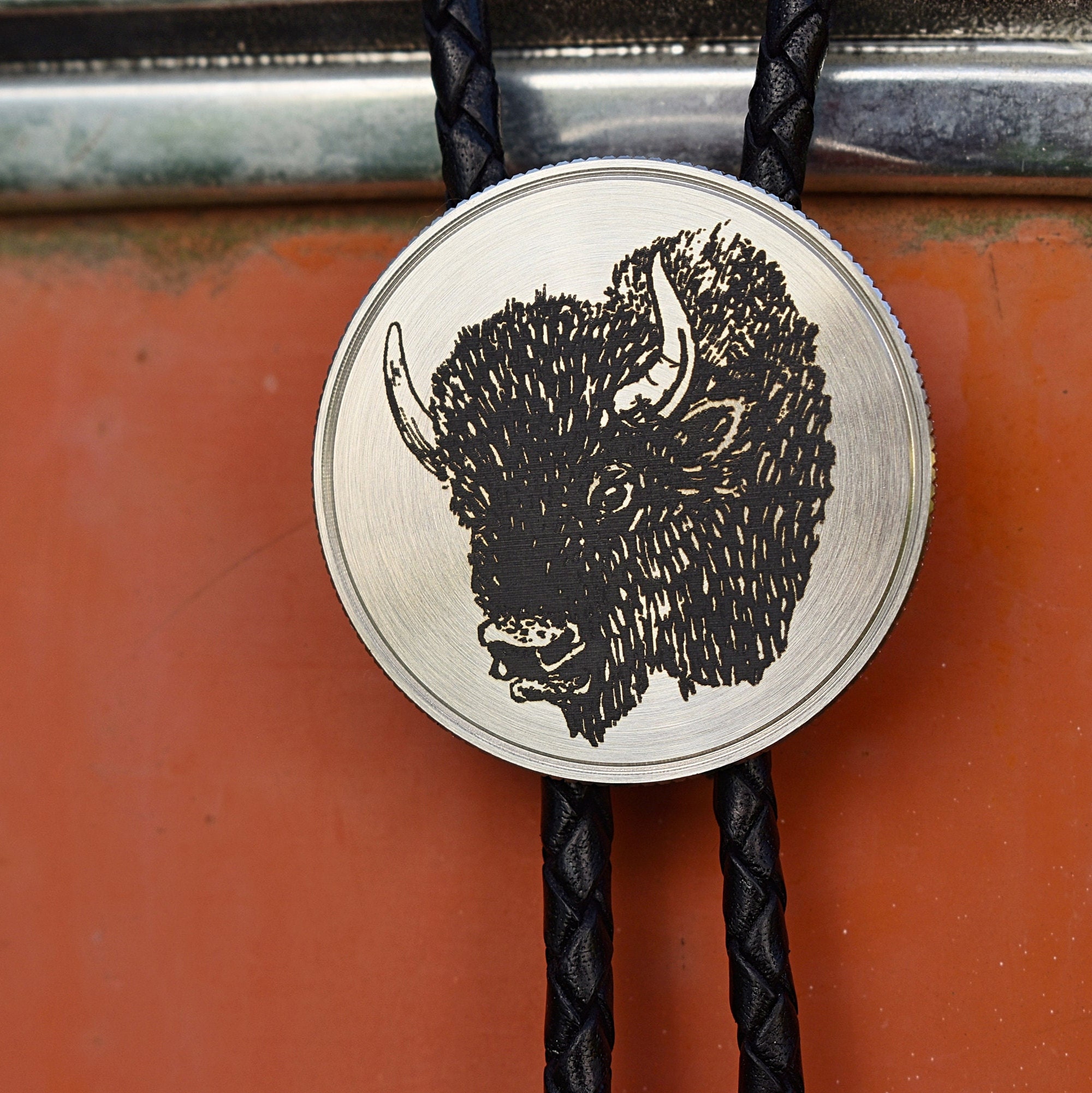 American Bison Bolo Tie ~ Engraved Stainless Steel & Leather - Etsy
