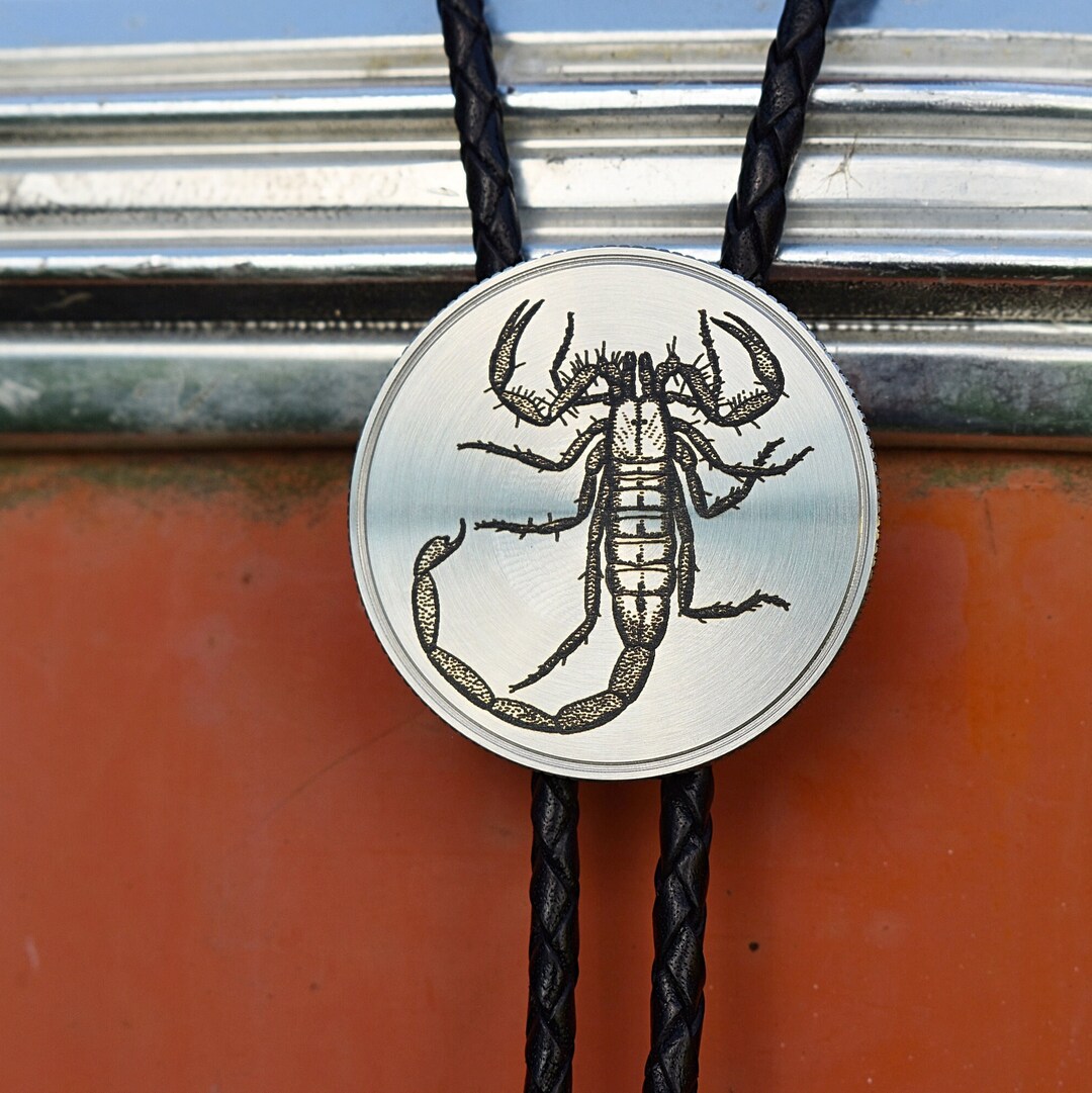 Scorpion Bolo Tie ~ Engraved Stainless Steel & Leather ~ Insect Bug ...