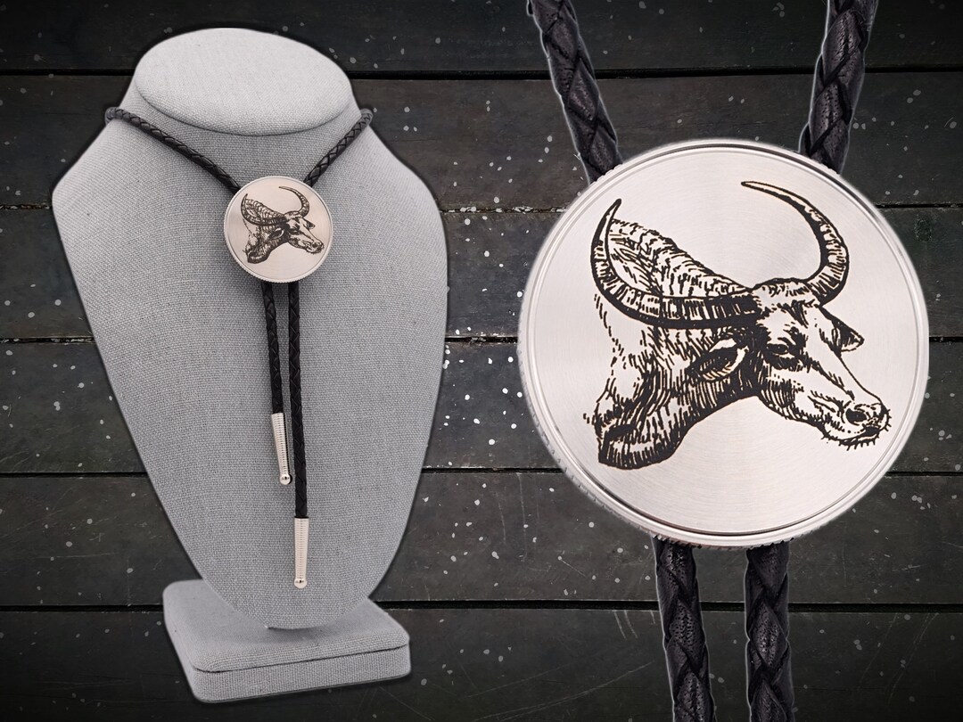 Water Buffalo Bolo Tie Engraved Stainless Steel & Leather - Etsy