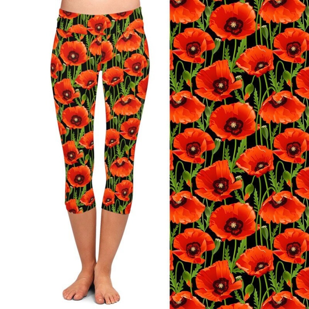 Poppy Flower Printed Capri Length Leggings, Buttery Soft Fabric ...