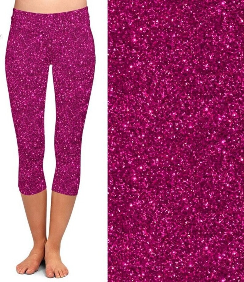 Pink Glitter Printed Capri Length Leggings, Buttery Soft Fabric, Soft ...