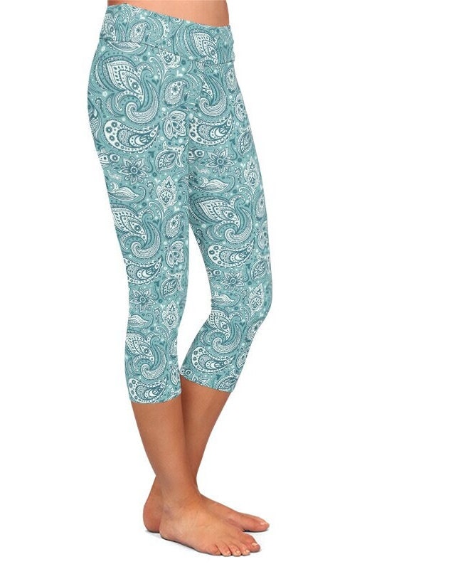 Blue Paisley Printed Capri Length Leggings, Buttery Soft Fabric ...
