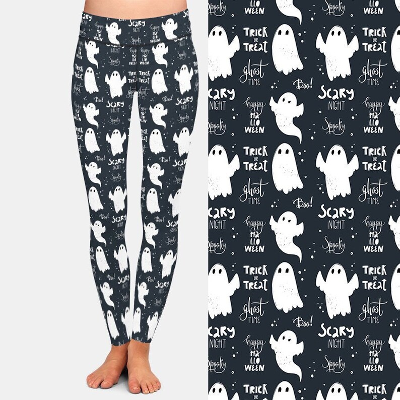 Spooky Ghost Halloween Printed Leggings, Buttery Soft Fabric, Recycled ...