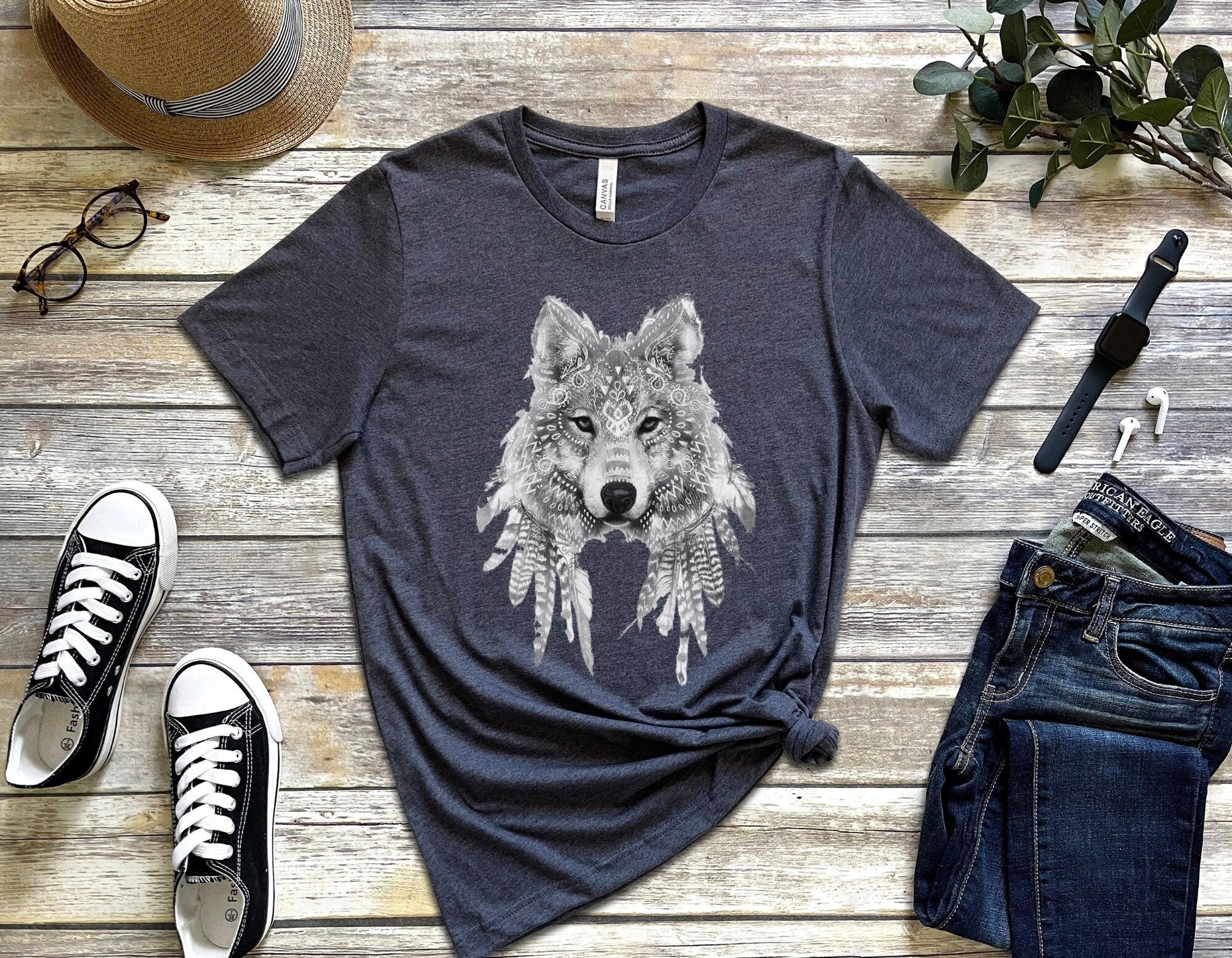 Apache Wolf Tshirt, Indian Wolf Shirt, Wolf Art Tshirt, Feathers Wolf ...