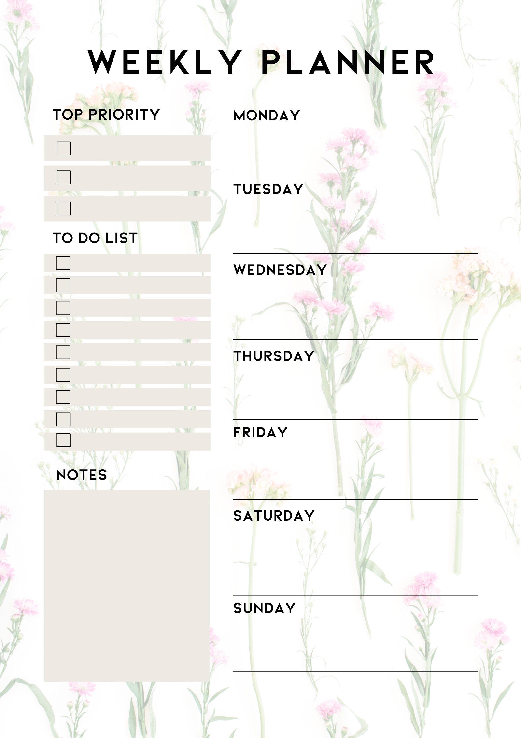 Weekly Printable Floral Printer - Etsy