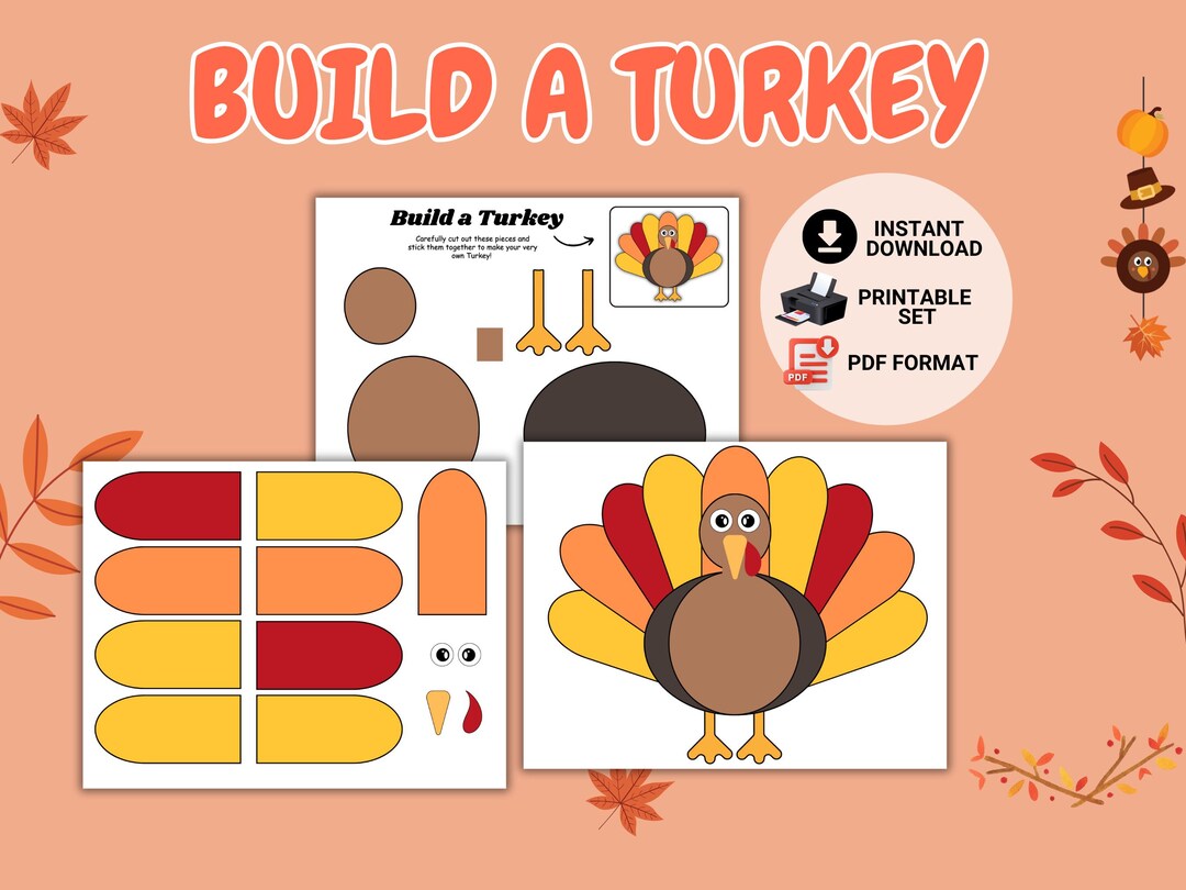 Build a Turkey Cut & Paste Craft, Fall Kids Craft, Autumn Activity ...