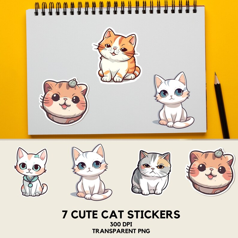 Cute Cat Clipart Digital Stickers Png Bundle, Kawaai Cat Printable ...
